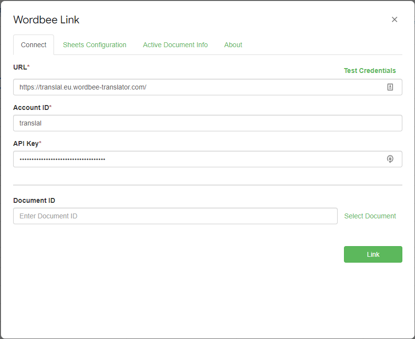 Link a Spreadsheet to Wordbee Translator