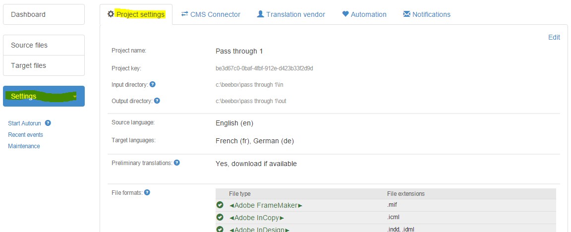 PT - Settings - Project